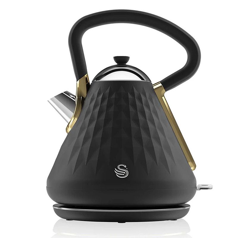 Art Deco en modern komen samen in deze zwarte retro waterkoker van Swan