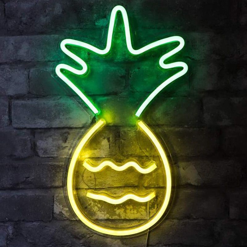 Ananas neon bord met USB kabel geel met groene verlichting